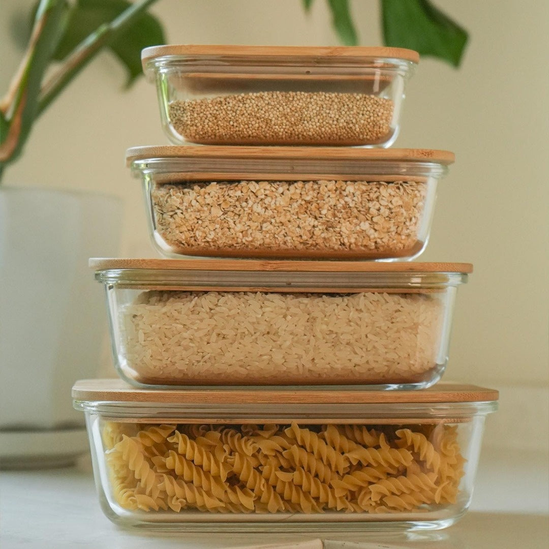 Set 4 Tupper de Vidrio Herméticos Tapa Bamboo – Kitchen Center