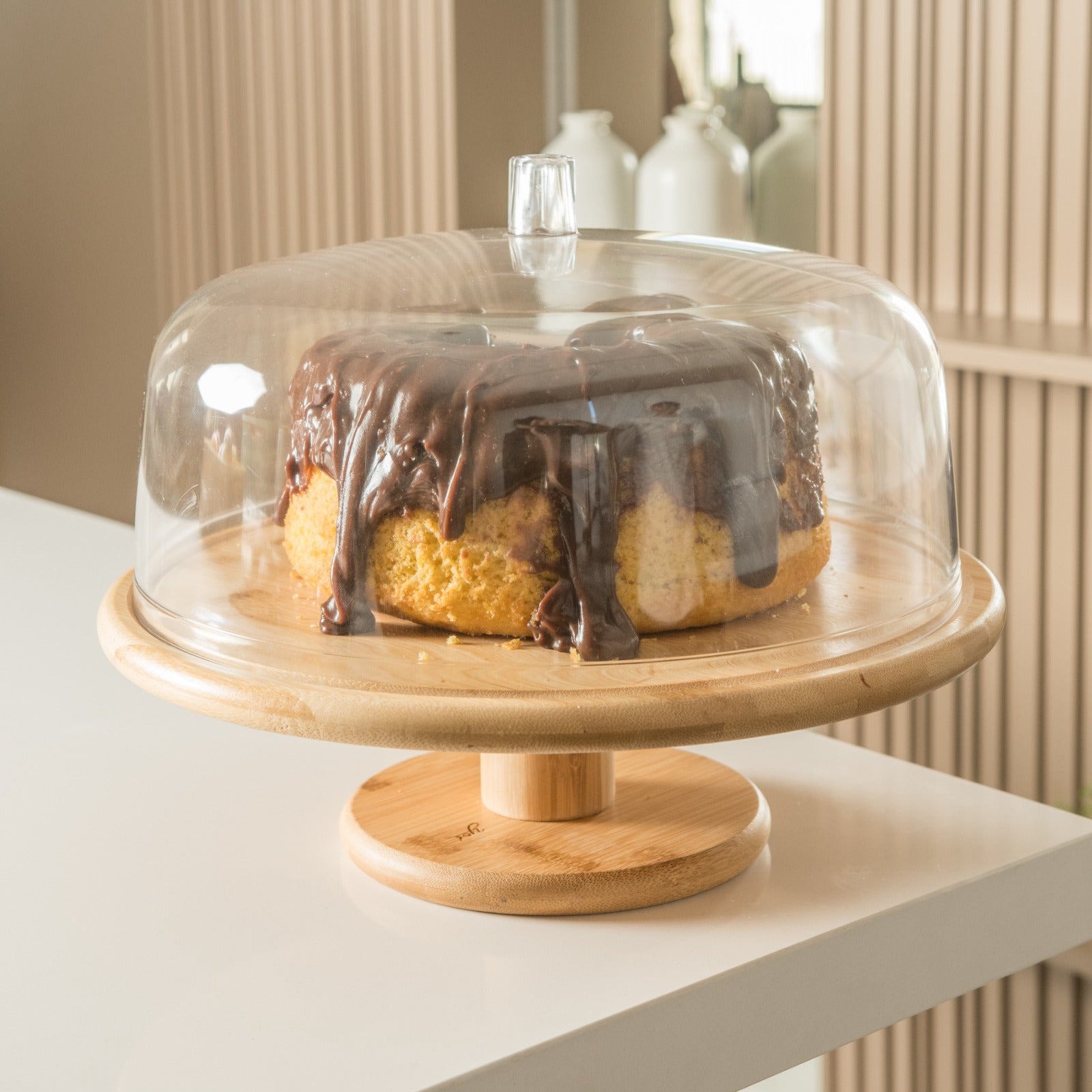 Porta Torta Con Tapa Y Pedestal Bambú 27,5 Cm| Kitchen Center